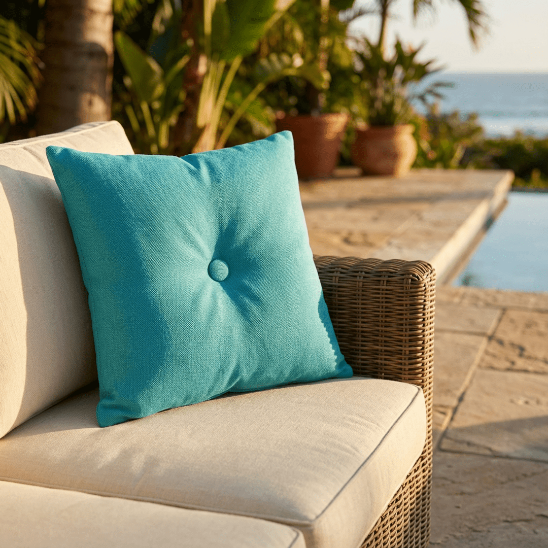 Oblique Studio Sunbrella Icon Solid Square Pillow w/ Button in Aruba ...